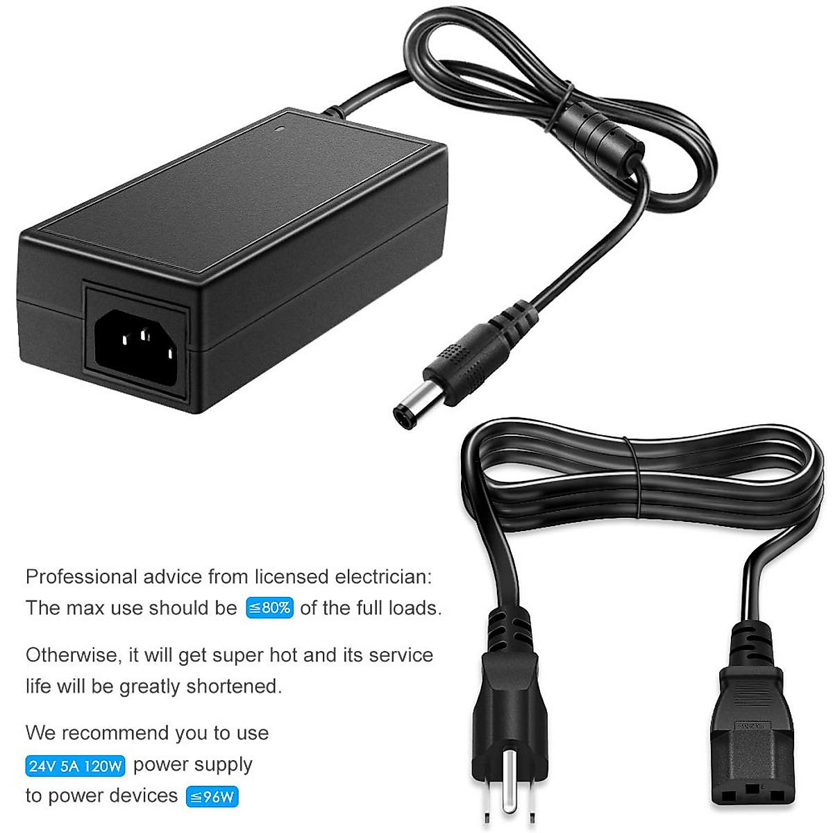 SHNITPWR 24V DC Power Supply 24 Volt 5A 120W Power Adapter 100V~240V AC to DC Converter Transformer 5.5x2.5mm Plug for 5050 3528 LED Strip Light 3D Printer LED Driver CCTV Security System LCD Monitor