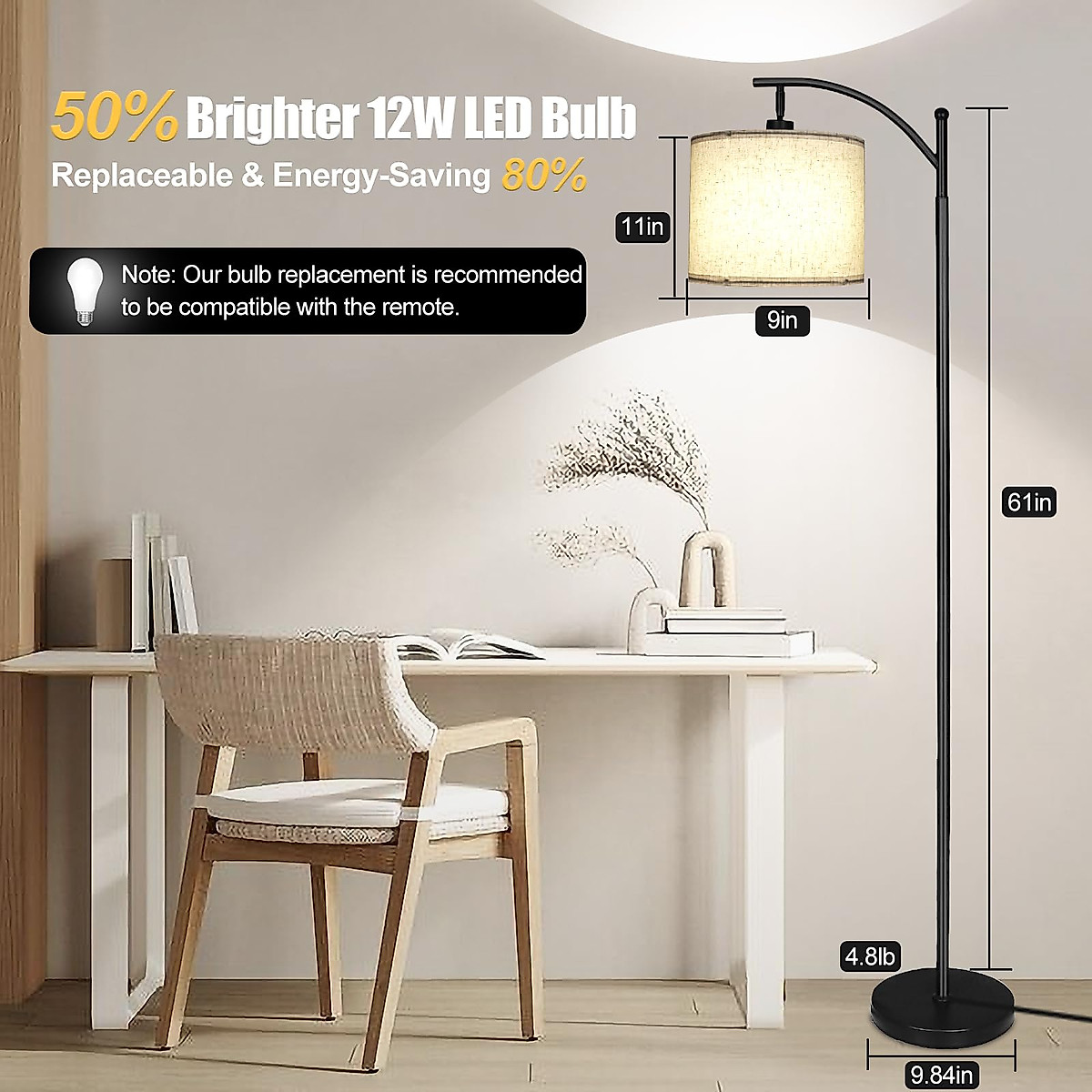 2024 LED Floor Lamps for Living Room, 12W 1200LM Modern Arc Floor Lamp with Remote & Adjustable Linen Lampshade, 12 Color Temperature Stepless Dimmable Tall Standing Lamp for Bedroom Office Reading