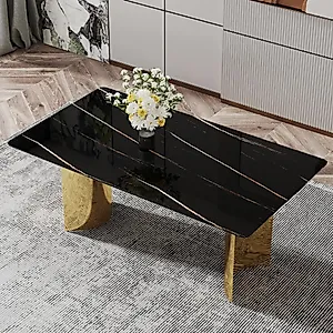 Pvillez 63" Dining Table, Imitation Marble Dining Table Set for 6 8, Modern Kitchen Table and Chairs for 4 6, Dinner Table with Craft Glass Desktop Steel Legs (Table2)