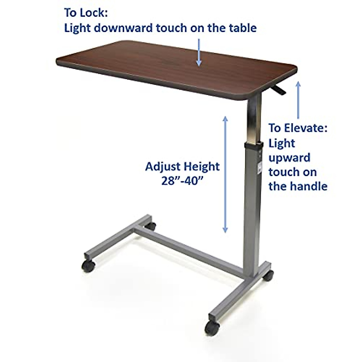 Invacare Hospital Style Overbed Table with Auto-Touch Adjustable Height and Wheels, Fits Over Beds and Bedside, 6417 Brown .75"H x 15"W x 30"L,Base: 15.5"W x 26"L,28" - 40"