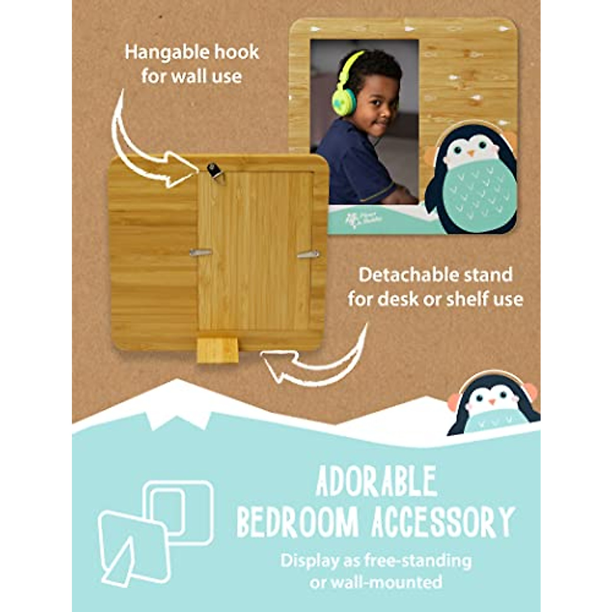Planet Buddies Picture Frame 4x6 inch, Penguin Themed Photo Frame with Wooden Effect, Freestanding or Wall Hanging Room Decor, Keepsake Ideas for Baby Nursery and Bedroom, Gifts for Kids, Plastic Free
