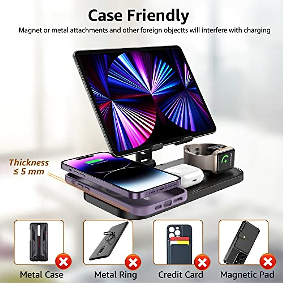 Wireless Charging Station for Apple Multiple Devices, Wired Charger for Tablet Stand iPad Holder, Wireless Charger for iPhone 14 Pro Max/13/12, AirP od Pro 3/2, Watch Charger for iWatch Series 8/7/6