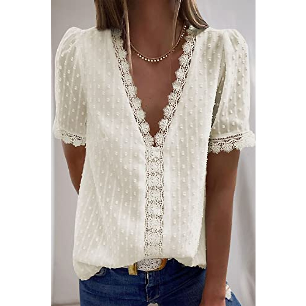 Dokotoo Womens Ladies Summer Fall Sexy Lace Crochet V Neck Short Sleeve Pom Pom Boho Shirts 2024 Spring Casual Loose Solid Chiffon Blouses for Women Tops Apricot XL