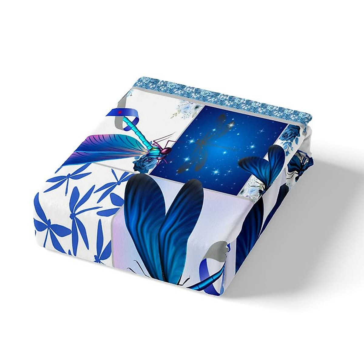 Feelyou Dragonfly Duvet Cover Set Blue Roses Printed Comforter Cover for Women Adults Retro Patchwork Design Bedding Set 1 Duvet Cover & 2 Pillowcases Queen Size