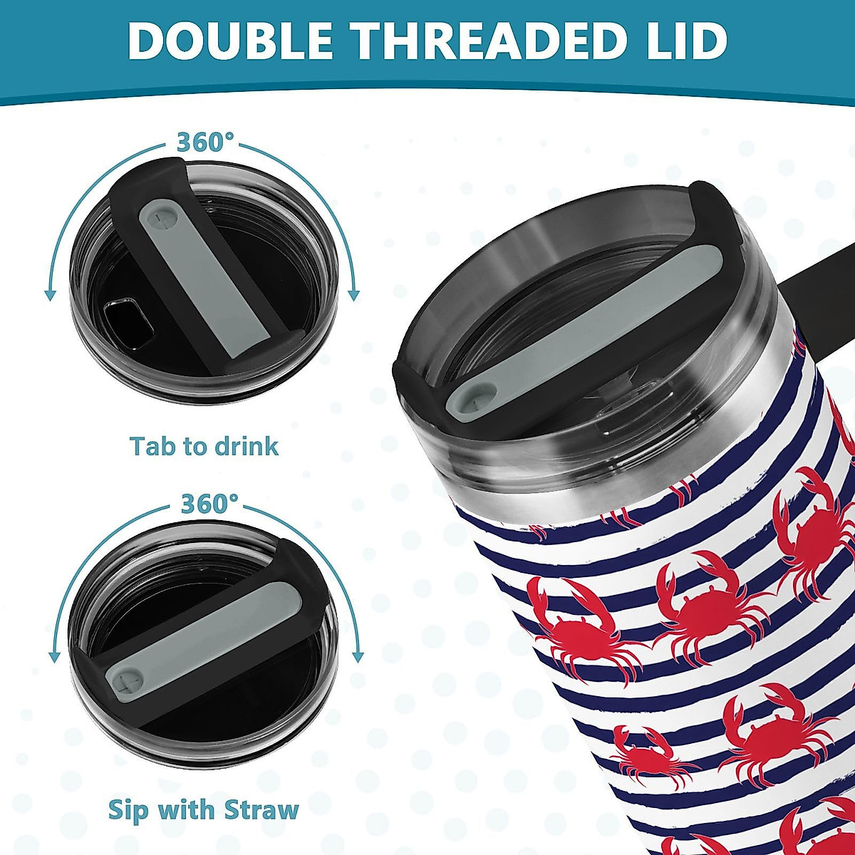 SDMKA 30oz Stainless Steel Tumbler with Straw and Handle, Vacuum Insulated Double-Walled Travel Mug, BPA-Free Leakproof Cup for Hot/Cold Beverages, Red Crabs Stripes