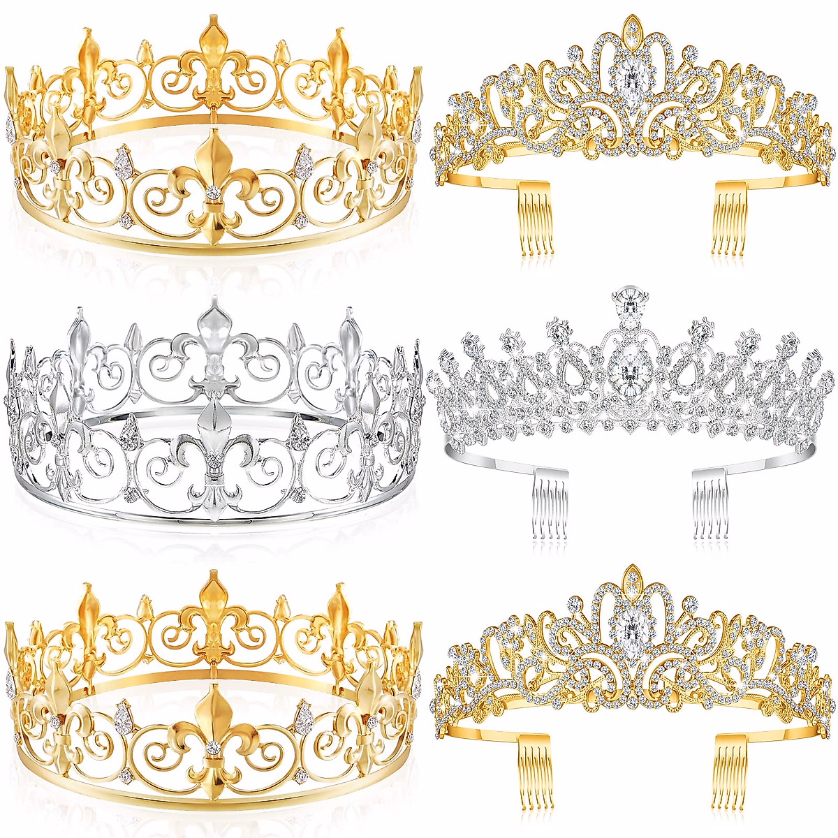 Juexica 6 Pieces Prom King Crown Metal Baroque King and Queen Prince Princess Crystal Headband Tiara Crown Wedding Bridal Accessories for Women Men(Gold, Silver, Elegant Style)