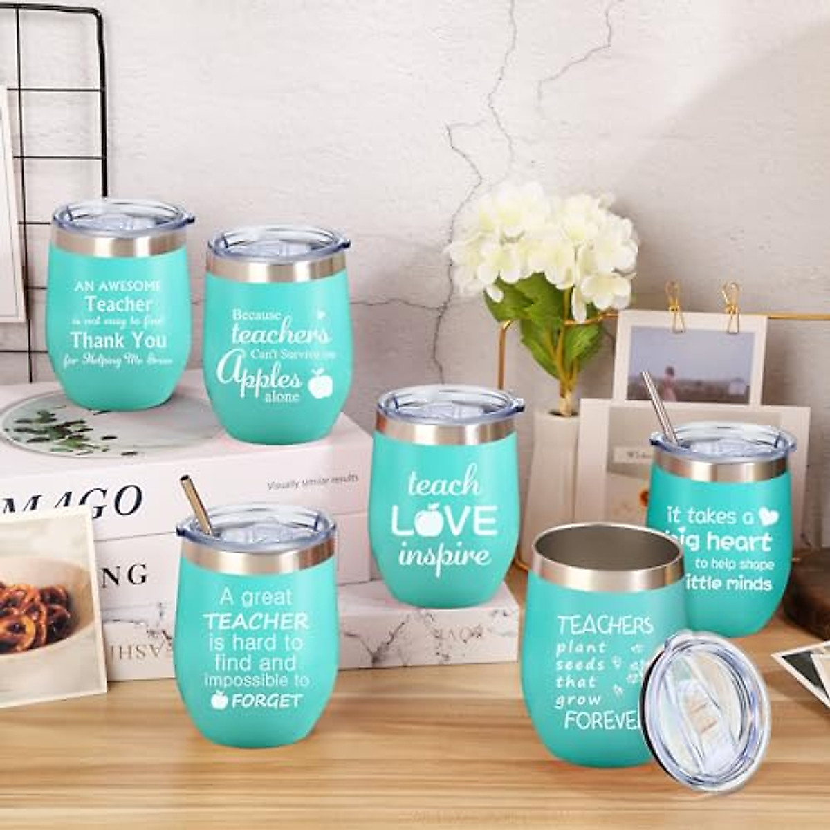 Patelai 6 Pcs Thank You Teacher Gift Teacher Appreciation Christmas Coffee Mug Back to School Gift for Women Men Preschool Elementary Teacher 12oz Wine Tumbler Lids Straws(Simple Mint)