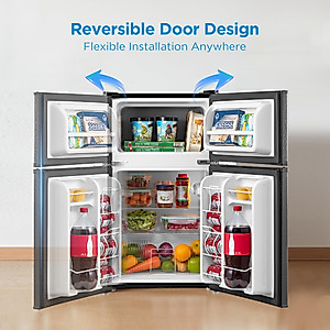 Midea WHD-113FB1 Double Door Mini Fridge with Freezer for Bedroom Office or Dorm with Adjustable Remove Glass Shelves Compact Refrigerator, 3.1 cu ft, Black