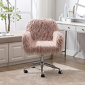 Goujxcy Fluffy Desk Chair, Faux Fur Height Adjustable Swivel Vanity Accent Chair for Girls Women, Modern Cute Furry Makeup Chairs in Bedroom Living Room, Pink