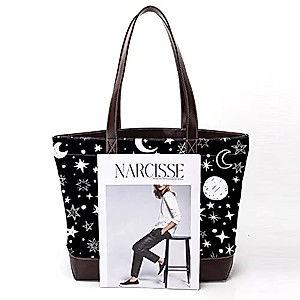 Black and White Stars Moon Tote Bags Large Leather canvas Purses and Handbags for Women Top Handle Shoulder Satchel Hobo Bags