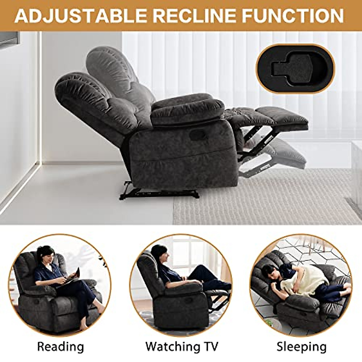 EASELAND Manual Oversized Recliner Chair, Extra Wide Recliners Single Sofa with Overstuffed Seat(Dark Grey)