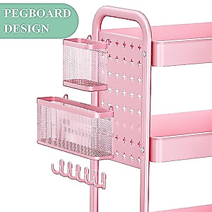 3 Tier Rolling Cart Organizer - Utility Cart on Wheels, Metal Pink Rolling Storage Cart with DIY Dual Pegboards, Removable Baskets Hooks, Teacher Rolling Art Cart for Office, Home, Kitchen, Classroom