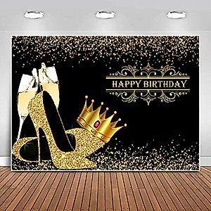 Black Gold Happy Birthday Backdrop Banner Shiny Golden Crown Sequin Champagne High Heels Adult Bday Photography Background for Women Queen Themed Birthday Party Decorations Photo Booth Backdrops 7x5ft