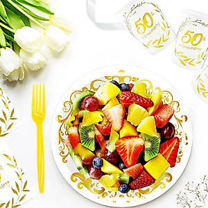 75 Pcs 50th Anniversary Wedding Party Supplies,50th Anniversary Wedding Party Tableware Set 7" 50 Years Golden Paper Plates Fork Fifty Anniversary Party Decorations 50th Brithday Party Decorations