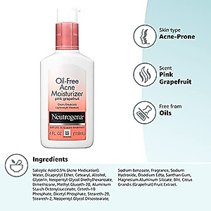 Neutrogena Oil Free Acne Facial Moisturizer with.5% Salicylic Acid Acne Treatment, Pink Grapefruit Acne Fighting Face Lotion for Breakouts, Non-Greasy & Non-Comedogenic, 4 fl. oz