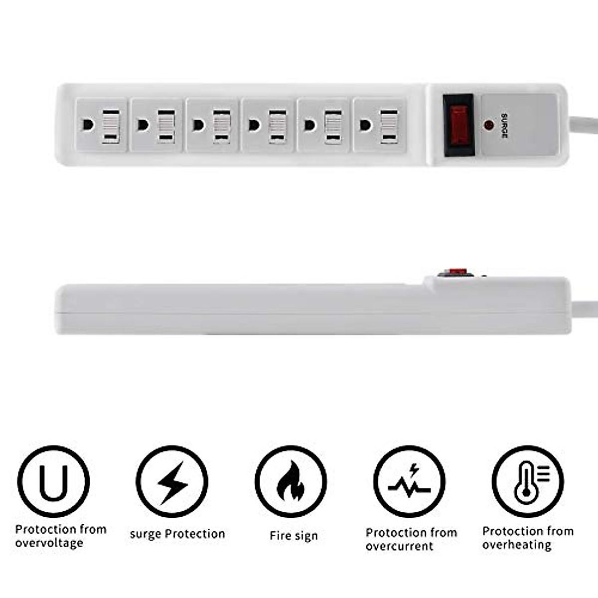 Firmyuan Power Strip 6-Outlet Surge Protector, 10ft, White
