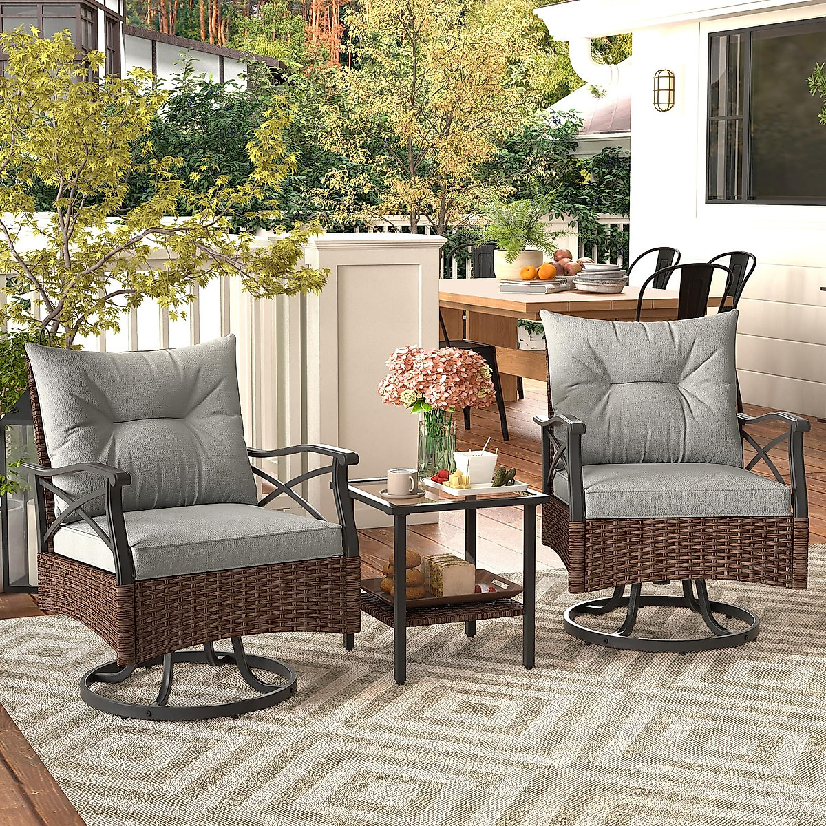 Tangkula Outdoor Swivel Rocking Chairs Set, 360 Degree Patio Cushioned Rocker Chairs with 2-Tier Tempered Glass Side Table, for Garden, Poolside, Backyard