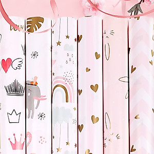 MAMUNU 6 Sheets Gift Wrapping Paper, Pink and Gold Folded Wrapping Paper with Heart, Bunny, Rainbow, Flamingo and Crown Designs for Women Girls Kids Birthday, Valentine's Day, Wedding, Baby Shower 50x70CM