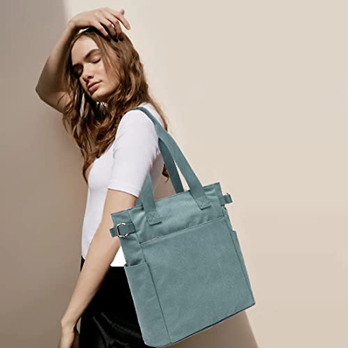 BESYIGA Tote Bag with Pockets for Women Top Handle Canvas Casual Shoulder Handbag Medium Size, Green