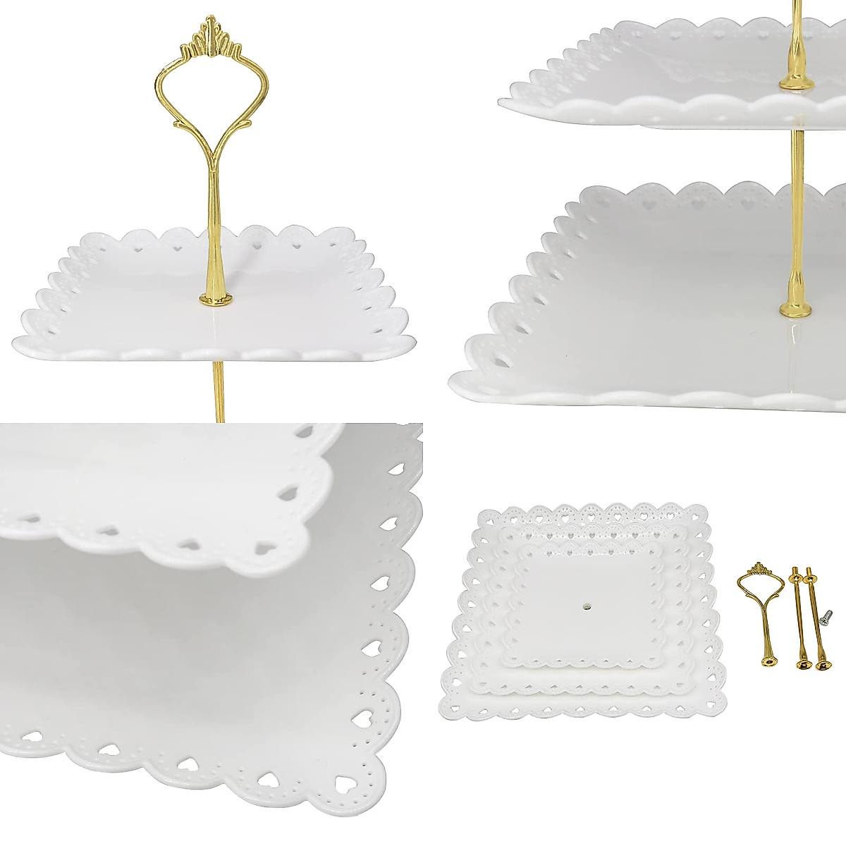 4 Pieces Plastic Cake Stand Set with 2pcs Large 3-Tier Cupcake Stands + 2pcs Appetizer Trays Perfect for Wedding Birthday Baby Shower Tea Party (White)