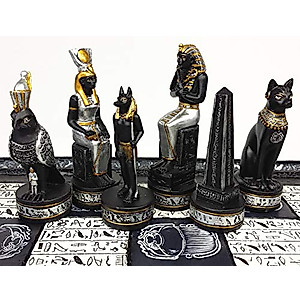 Egyptian Anubis Chess Set Black Silver and Gold Men with 16" Hieroglyphic Board