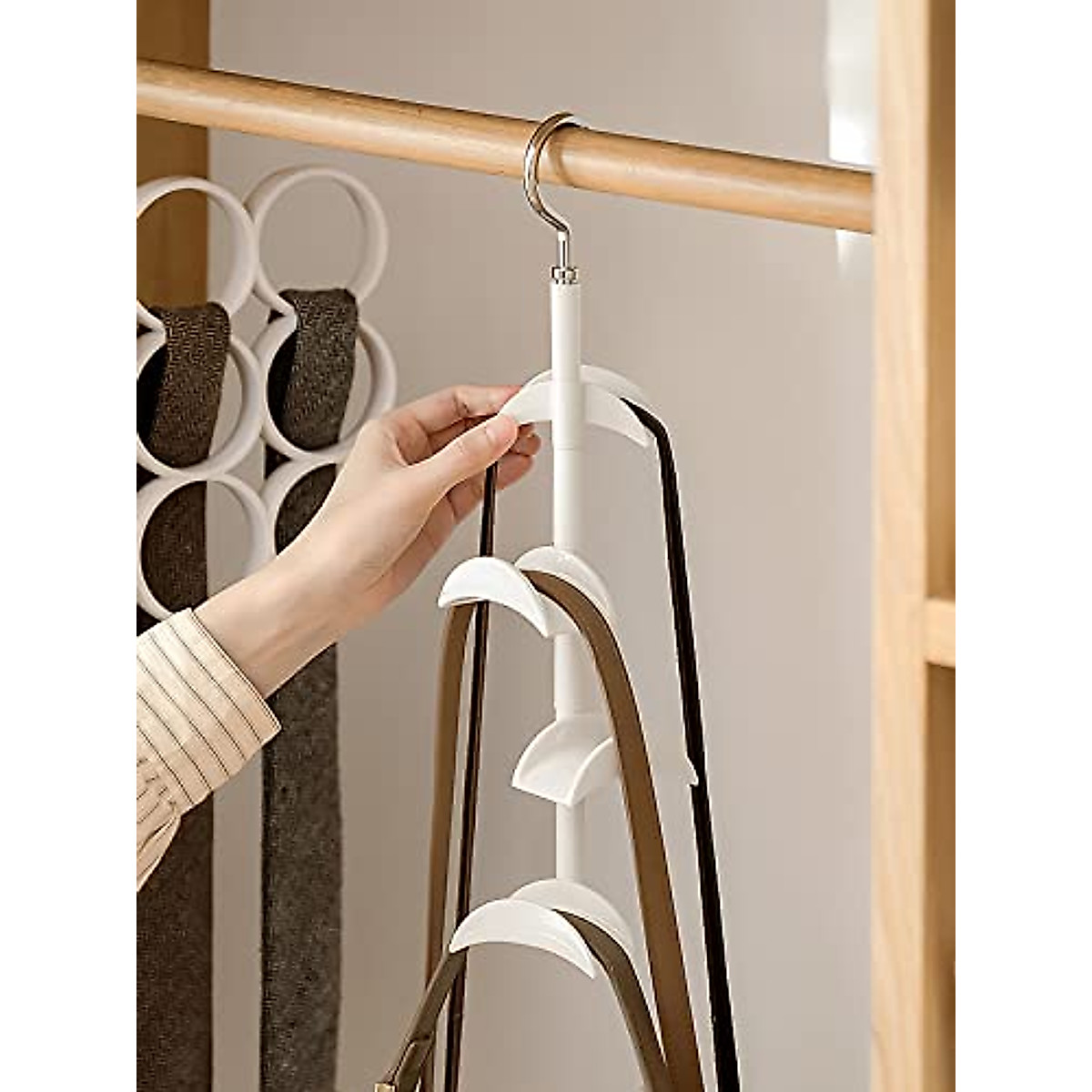 Purse Hanger for Closet - Rotating Handbag Hanging Hook Bag Storage Space Saver with 4 Hooks, Hanging Organizer for Scarf Handbag Belt, 2 PCS