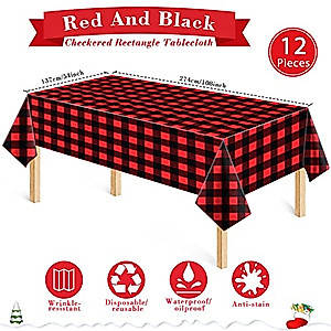 12 Pieces Plastic Checked Picnic Tablecloth Rectangle Disposable Gingham Table Cloth Waterproof Camping Table Covers for Barbecue Holiday Birthday Parties, 54 x 108 Inch, Red Checkered