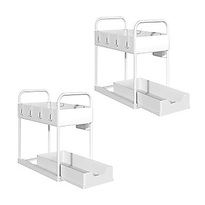 LONONE Under Sink Organizers and Storage Kitchen 2 Pack Under Sink Organizer Storage Pull Out Sliding Cabinet Organizer Pull Out Shelves Under Kitchen Sink,White