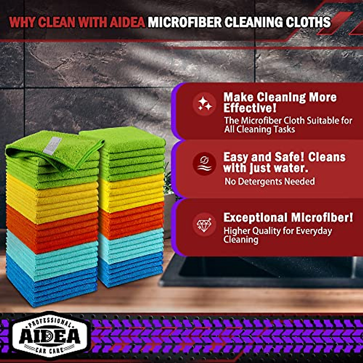 AIDEA Microfiber Cleaning Cloths-50 Pack, Premium All-Purpose Car Cloth, Lint Free, Scratch-Free, Absorbent Cleaning Towel for Cars, SUVs, RVs, Trucks, and Boats Gifts(12in.x12in.)