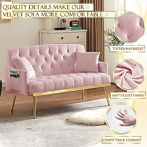 Antetek Upholstered Velvet Loveseat Sofa, Modern Small Sofa Couch with Side Pocket and Golden Metal Legs, Tufted Leisure Sofa for Living Room, Bedroom, Office, Pink