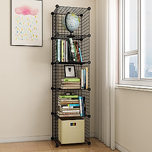 Cedilis Cube Storage Organizer, 6-Cube Wire Storage Shelves, Metal Grids Book Shelf Bookcase, Cube Closet Organizer, Modular Shelving Units for Living Room, Bedroom, Home, Office, Black