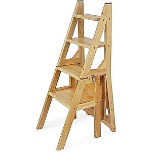 LUCEAE Step Stool Wooden Folding Step Stool Portable Wide Tread Non-Slip Step Chair,Multi-Purpose Step/Stair Chair Home Library 4 Step Closet/Bedroom/Closet/Bedroom Step Stool