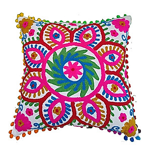 Trade Star 100% Cotton Embroidered Pillow Cover Beautiful Pom Pom Pillow Cover Fall Decor Cushion Cover Decorative Hand Design 16x16 Inches Modern Sofa Throw Pillow Cover for Home Decor