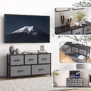 OLIXIS Dresser for Bedroom, Drawer Dresser Organizer Storage Drawers Fabric Dresser with 5 Drawers, Chest of Drawers with Fabric Bins, Long Dresser with Wood Top for Bedroom, Closet, Entryway