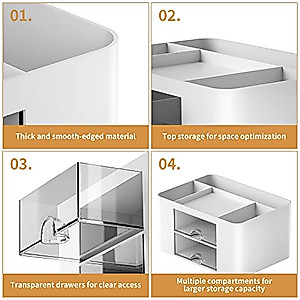 Marbrasse Pen Organizer with 2 Drawer, Multi-Functional Pencil Holder for Desk, Desk Organizers and Accessories with 5 Compartments + Drawer for Office Art Supplies (White)