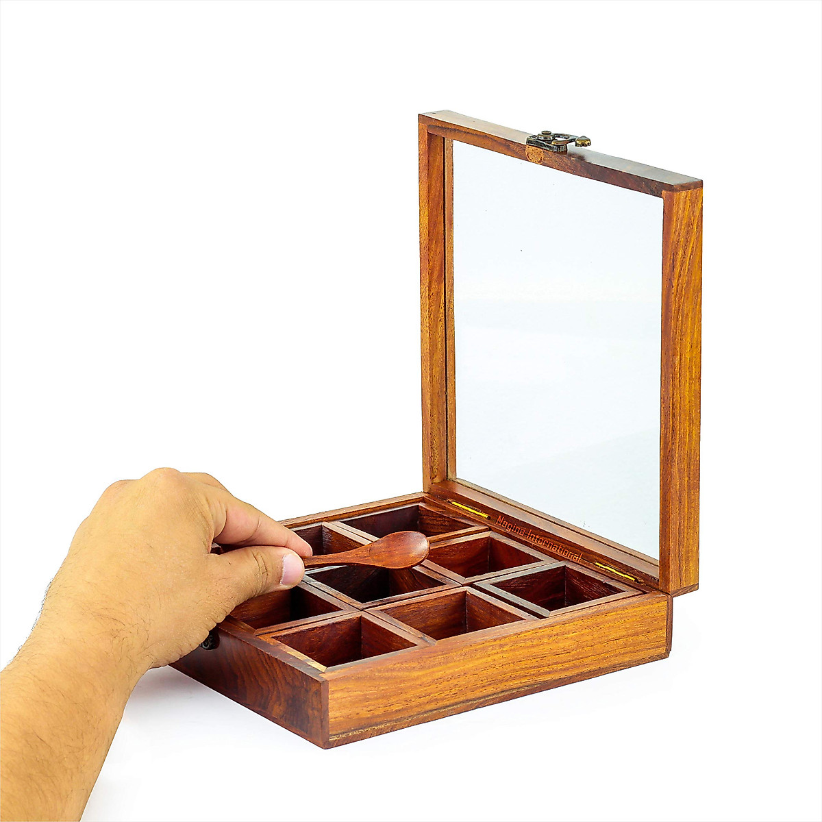 8" Wooden Handcrafted Multi-Compartment Square Storage Box | Kitchen Ware Jar Container Canister For Spices/Sugar/Tea/Dry Fruits/Masala | Christmas Premium Gifts Ideas