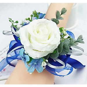 MAFELOE Wrist Corsage and Boutonniere Set Artificial Rose Flowers Accessories for Groom Bride Groomsmen Bridesmaids Wedding Party Prom Suit - Blue White 2 Pieces