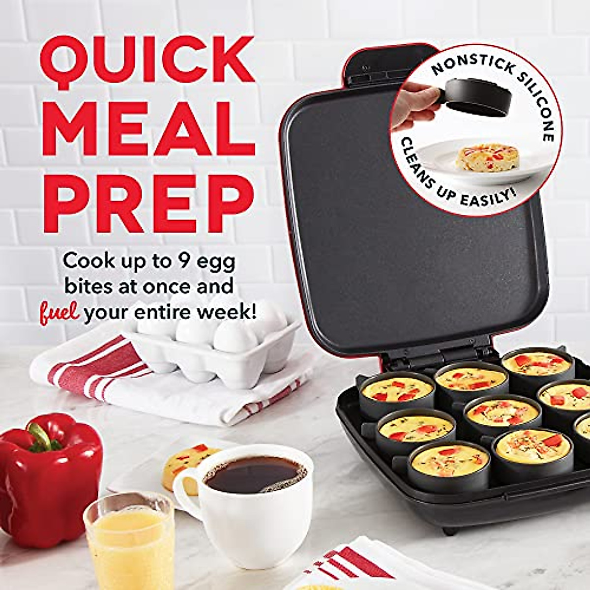 Dash Sous Vide Style Family Size Egg Bite Maker for Breakfast Bites, Sandwiches, Healthy Snacks or Desserts, Keto & Paleo Friendly (9 Servings), Red, 9 Egg Bites