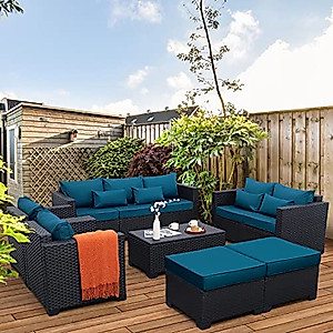 Rattaner Patio Furniture Set 7 Pieces Couch Outdoor Chairs Coffee Table Peacock Blue Anti-Slip Cushions and Waterproof Covers