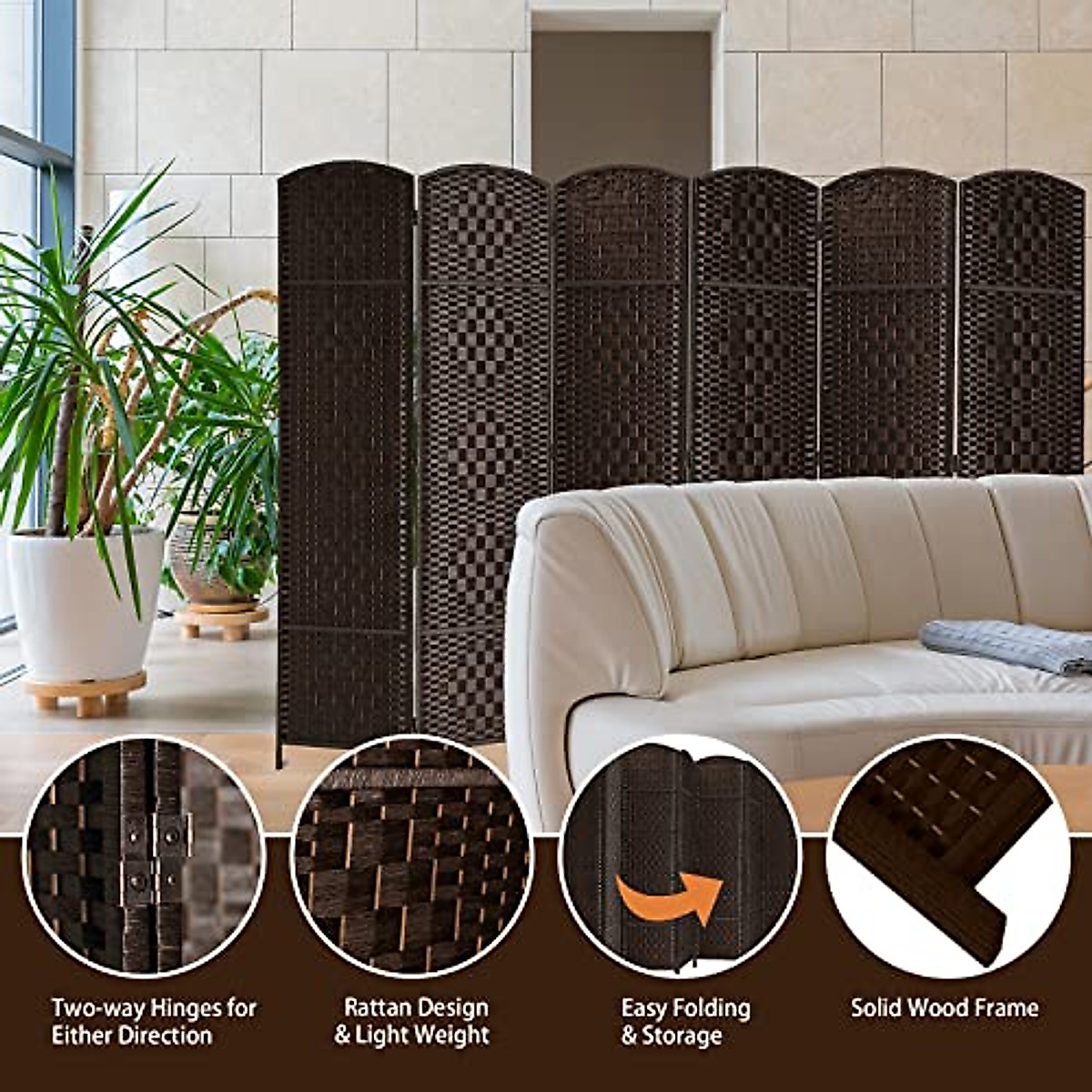 6 ft. Tall-Extra Wide-Diamond Weave Fiber Room Divider,Double Hinged,6 Panel Room Divider/Screen, Room Dividers and Folding Privacy Screens 6 Panel, Freestanding Room Dividers-Dark Mocha 6 Panel