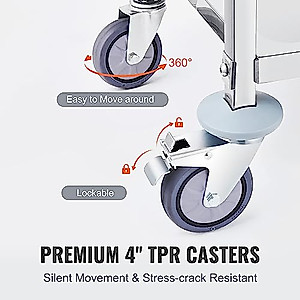 VEVOR Stainless Steel Cart, 3 Layers Lab Utility Cart 400 lbs Weight Capacity, Medical Cart with Lockable Universal Wheels, for Lab, Clinic, Kitchen, Salon