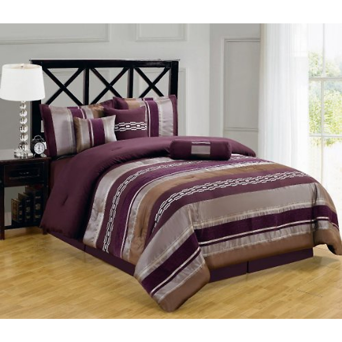 Claudia Purple King Size Luxury 11 Piece Bed-in-a-Bag inlcuding Comforter, Sheets, Skirt, Throw Pillows, Pillow Shams by Royal Hotel