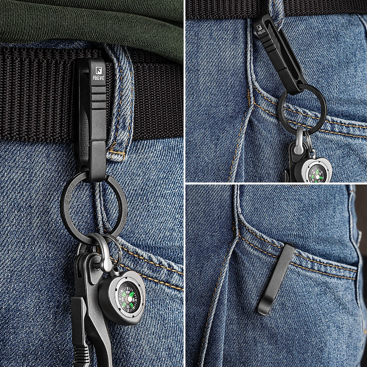 FEGVE Titanium Key Belt Clip with Key Ring, Belt Key Holder Key Chain Clip Black Keychain for men (Black)