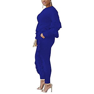 Akmipoem Women Sweatshirt Ruffle Sleeve Pullover Tops and Long Jogger Pants Royal Blue XL
