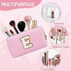 Personalized Chenille Letter Preppy Patch Makeup Bag, Small Pink Travel Cosmetic Bag Initial Toiletry Zipper Pouch Monogram Makeup Storage, Waterproof Makeup Case Travel Essentials for Women(Letter E)