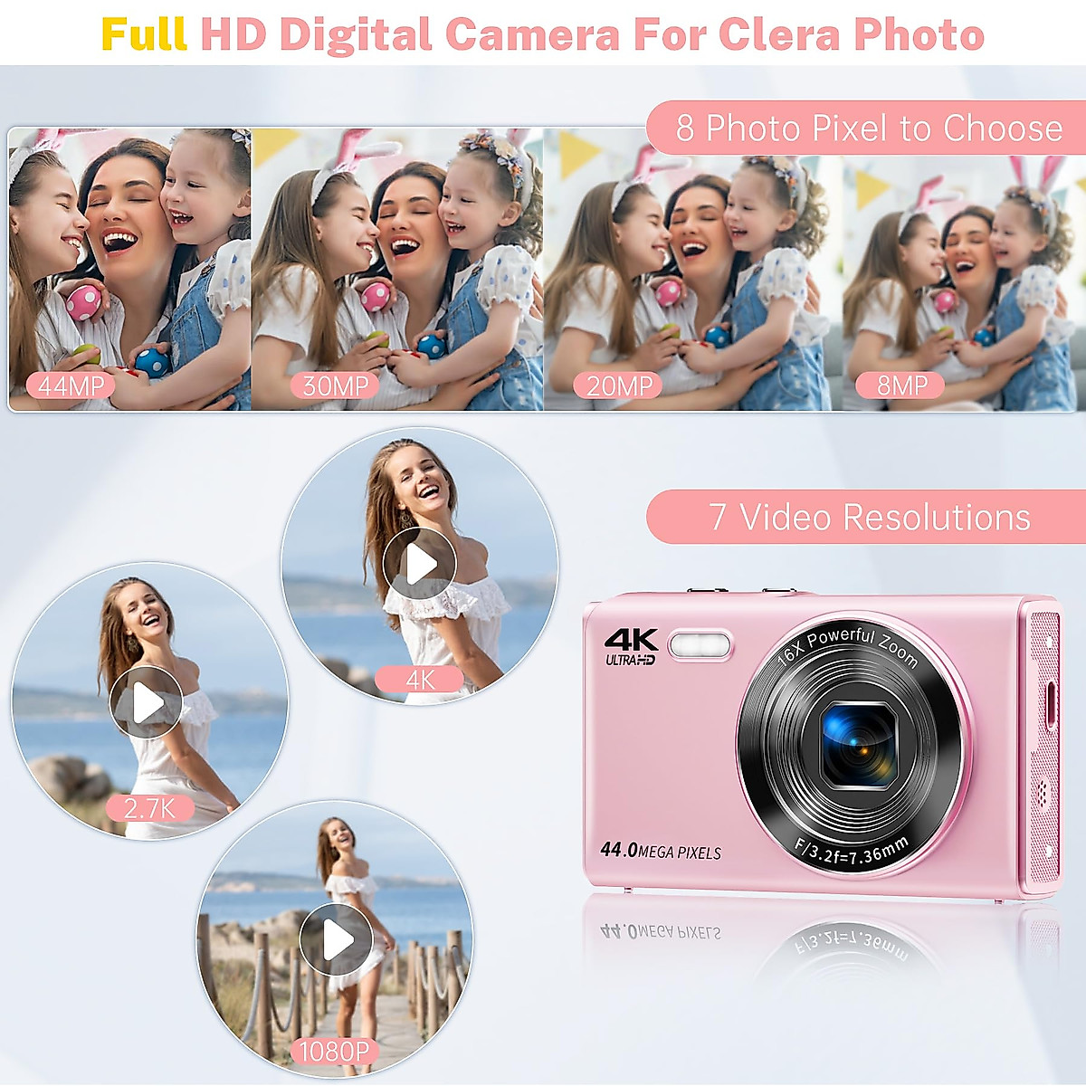 Digital Camera, Saneen FHD Kids Cameras for Photography, 4K 44MP Compact Point and Shoot Camera for Kids, Teens & Beginners with 32GB SD Card,16X Digital Zoom, 2 Rechargeable Batteries-Pink