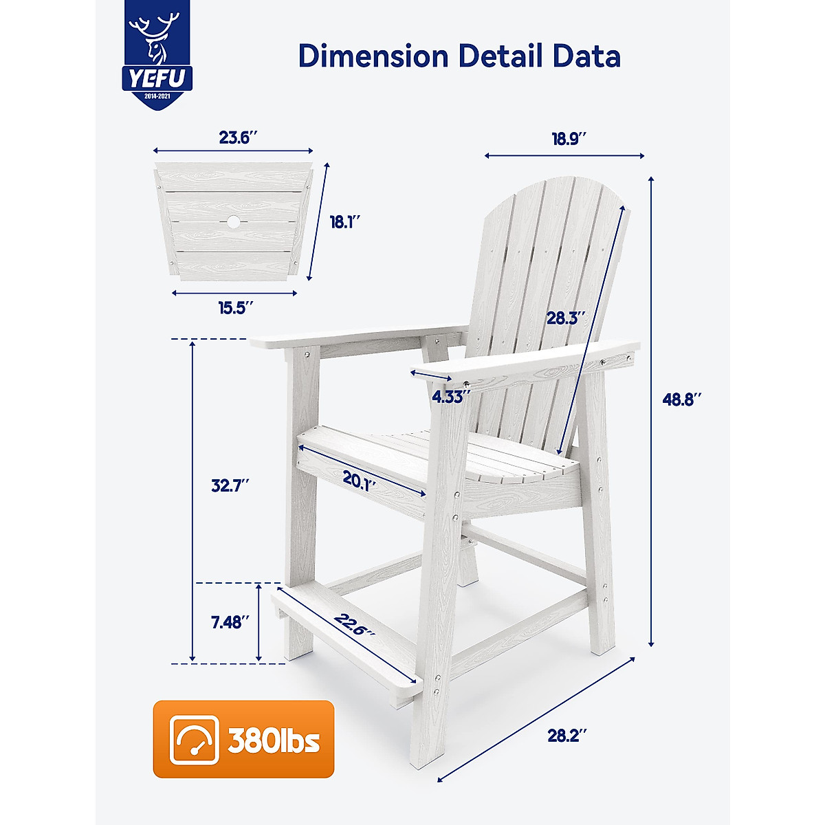 YEFU Balcony Chair, Tall Adirondack Chair Set of 2 with Connecting Tray, Poly Lumber Adirondack Chair Bar Stools, Patio Stools, 380lbs, Weather Resistant for Outdoor Deck Lawn Pool Backyard-White