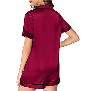 SWOMOG Mother Daughter Matching Pajamas Summer Pajamas for Women Satin Silk Pj 2 Piece Silky Lace Lounge Shorts Pjs Sleepwear Wine Red