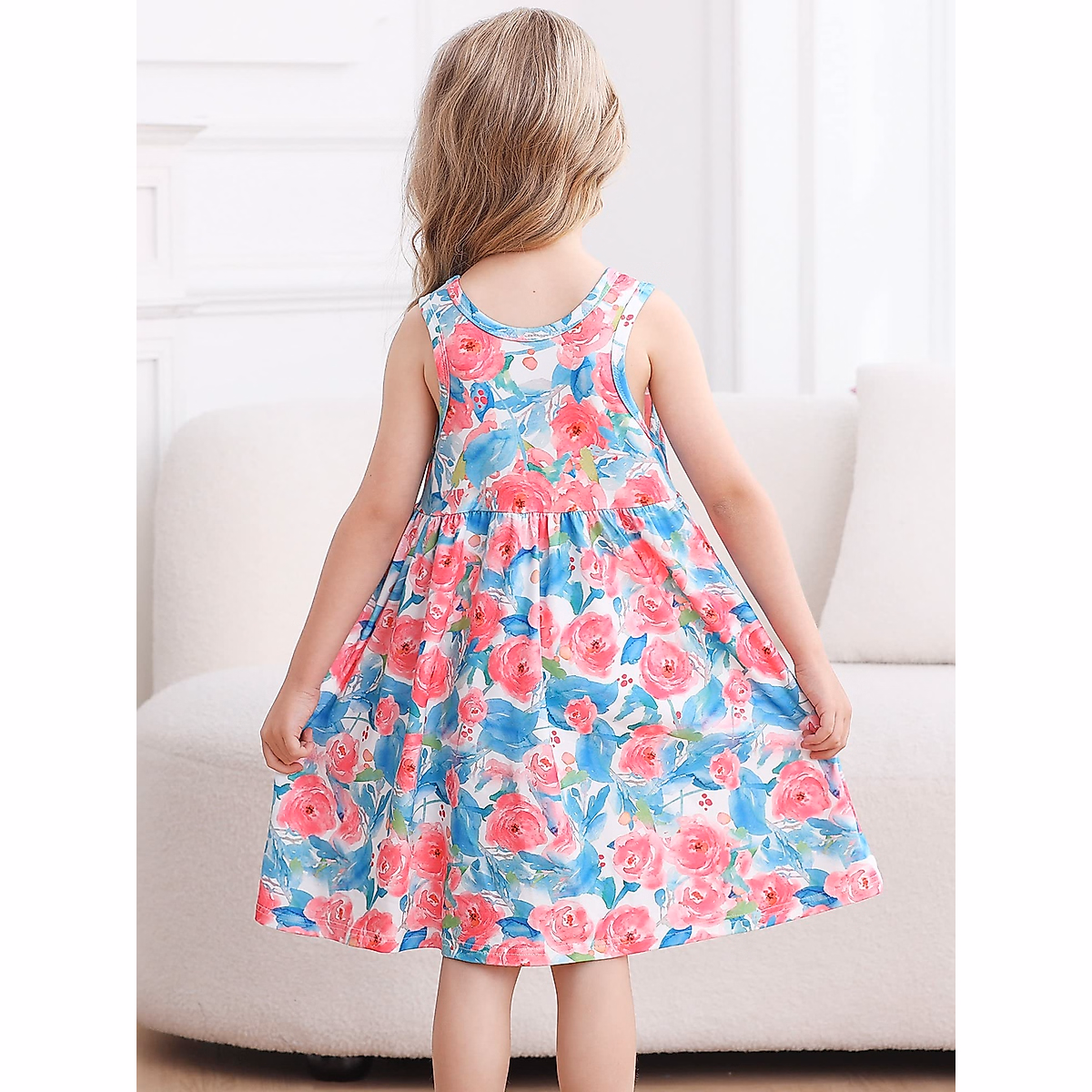 Vieille Toddler Summer Dresses 4t 5t Little Girls Flower Dress with Big Pocket Casual Sundress for Daily Playwear Holiday Party