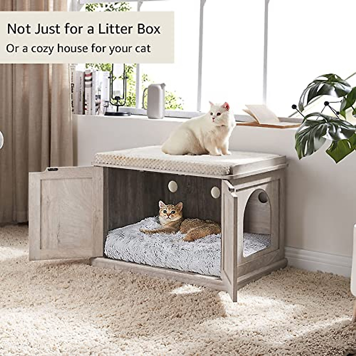 unipaws Designer Cat Washroom Storage Bench, Litter Box Cover, Sturdy Wooden Structure, Spacious Storage, Easy Assembly, Fit Most of Litter Box, Weathered Grey